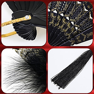2 Pieces Feather Hand Fan Embroidered Flower Marabou Feather Fan 1920s Feather Fan Hand Fan Folding Hand Fan Drag Queen Fan for 20s Women Costume Party Dancing Photoshoot Wedding Decor (Black)