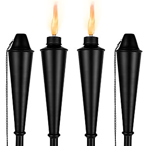 BIRDROCK HOME Mallorca Outdoor Torches - Relaxing Backyard Lighting, Easy Refill Extra Wide Mouth, Adjustable Height, Citronella Oil Compatible - Set of 4, Black, 13oz