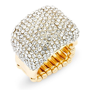 Lavencious Half Cube Shape with Crystals Stretch Rings Statement Rings Free Size for Women (Gold + Clear Crystals)