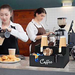 Disposable Coffee Cup Dispenser Lid Holder for Counter, Wood 6 Compartments Coffee Station Organizer for Cup Lid Sleeve Pods Condiment, Paper Cup Dispenser Coffee Bar Accessories Storage Organizer