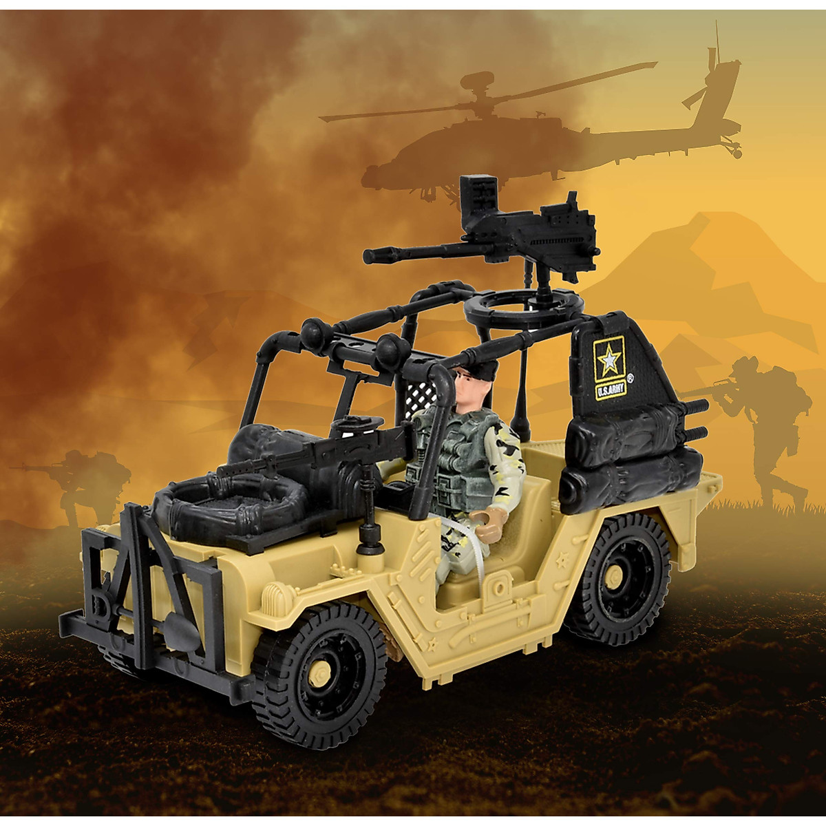 US Army Men Action Figure Toy Playset for Boys Desert Forces and Rescue Team Military Vehicle, Rescue Boat and Helicopter 4 Military Men Action Figures with Weapon Accessories and Top Secret Notepad