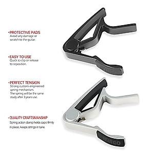 WINGO 6 String Single-handed Guitar Capo For Acoustic Electric Guitar - 2 Pack of Black and Silver