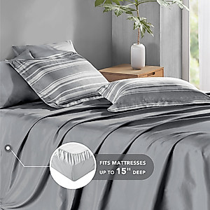 Queen Size Bed in a Bag, Full Bedding Sets, Modern Farmhouse Grey and White Striped Comforter with Sheets, 7-Piece Complete Bedroom Set