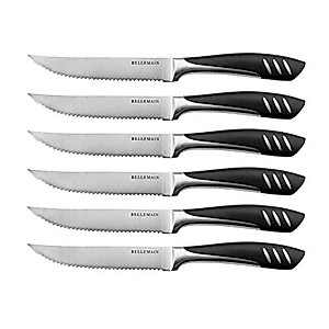 Bellemain Serrated Steak Knife Set | Stainless Steel Kitchen Knife Set, Meat Knife for Table | Sharp Knife Set, Dinner Knives, Gourmet Steak Knives, Black Knife Set | Serrated Steak Knives - Set of 6