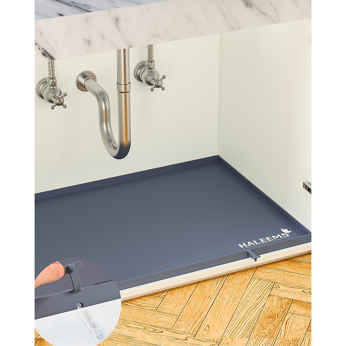 HALEEMS Under Sink Mat with Unique Drain Hole Design - Silicone 34'' X 22'' Under Sink Mats for Bottom of Kitchen Sink - Kitchen Cabinet Mats Hold up to 3 Gallons Liquid, Protector Tray, Easy to Clean