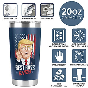 Tinasona Navy Blue Best Boss Ever Gifts for Men Women You’re A Great Boss Tumbler 20 Oz Cup Birthday Christmas Mother Father Day Gifts for Bosses Day Funny Coffee Mug Cup