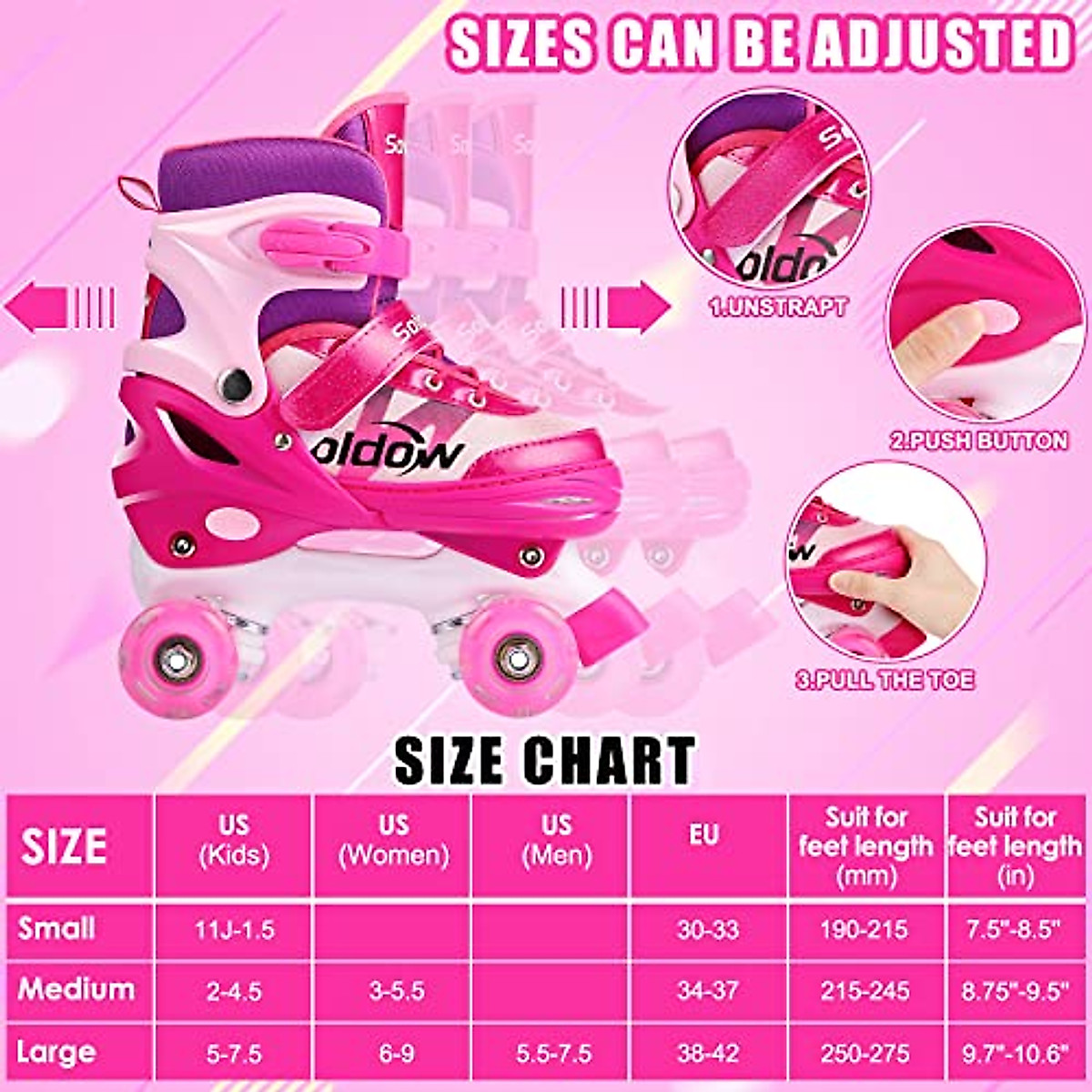 Soldow Adjustable Roller Skate Light up Rollerskates for Girls Boys, Flashing Kids Roller Skates with Full Illuminating Wheels