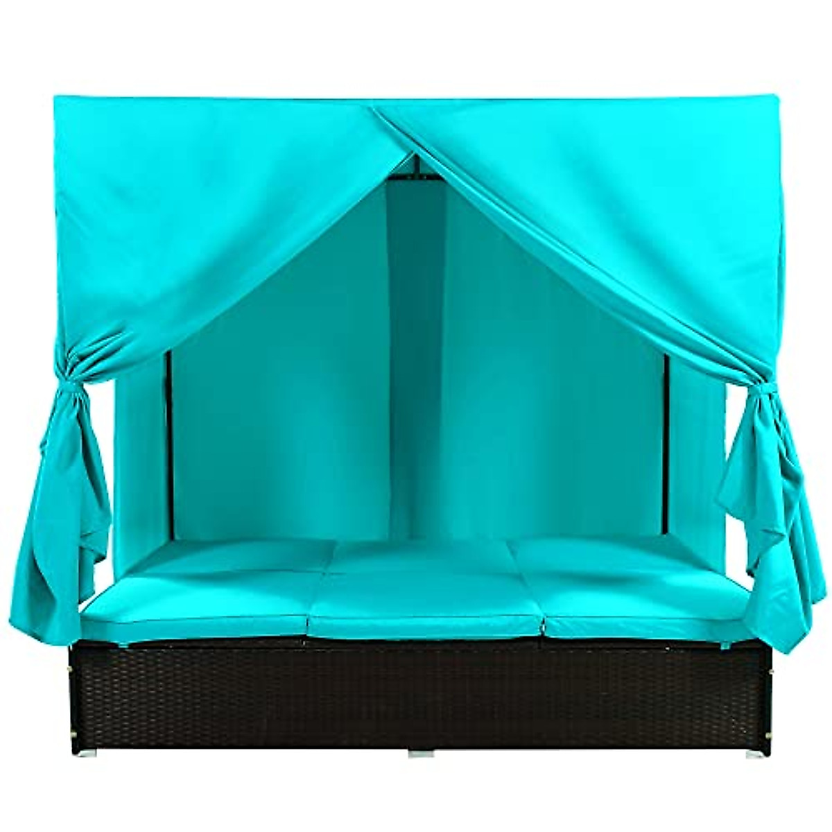 Ufurpie Outdoor daybed with Canopy,Sunlounger with Curtains,Poly Rattan Outdoor Lounge Sunbed for Backyard Multi Colors (Blue)