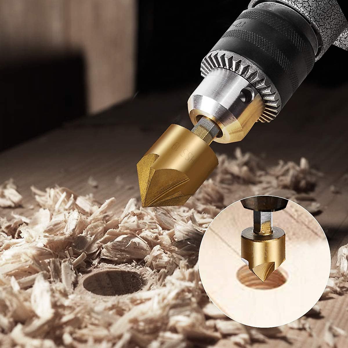 HTWORGRE Countersink Drill Bit, Baban Countersink Drill Bit Set 6 Pcs 1/4'' Hex Shank HSS 5 Flute Countersink 90 Degree Center Punch Tool Sets for Wood Quick Change Bit 6mm-19mm