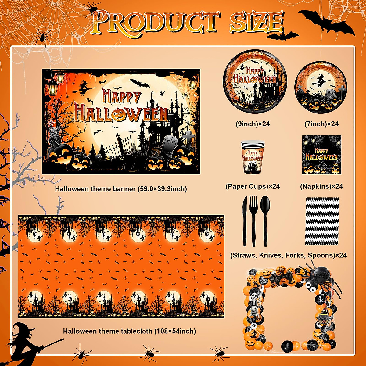 Lecheme Halloween Party Decorations 296 Pcs Halloween Decorations Set Horror Halloween Backdrop Tableware Halloween Balloon Arch Kit Fake Spider Web Halloween Party Supplies (Orange)