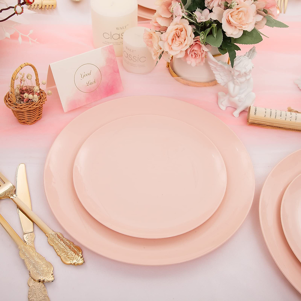 KIRE 60PCS Pink Plastic Plates Disposable-Heavy Duty Pink Plates for Party/Mothers Day/Easter-Include 30Pieces 10.25inch Pink Dinner Plates and 30Pieces 7.5inch Pink Dessert/Salad Plates