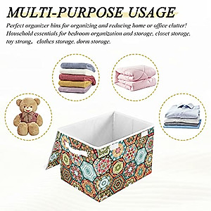 FOLIOSA Large Storage Bin Tote Organizing Container with Durable Lid and Handle & Velcro, Stackable and Nestable, for Home Organization Decorative, 11.8 x 12.6 x 16.5 inches, Ethnic Style Hexagonal