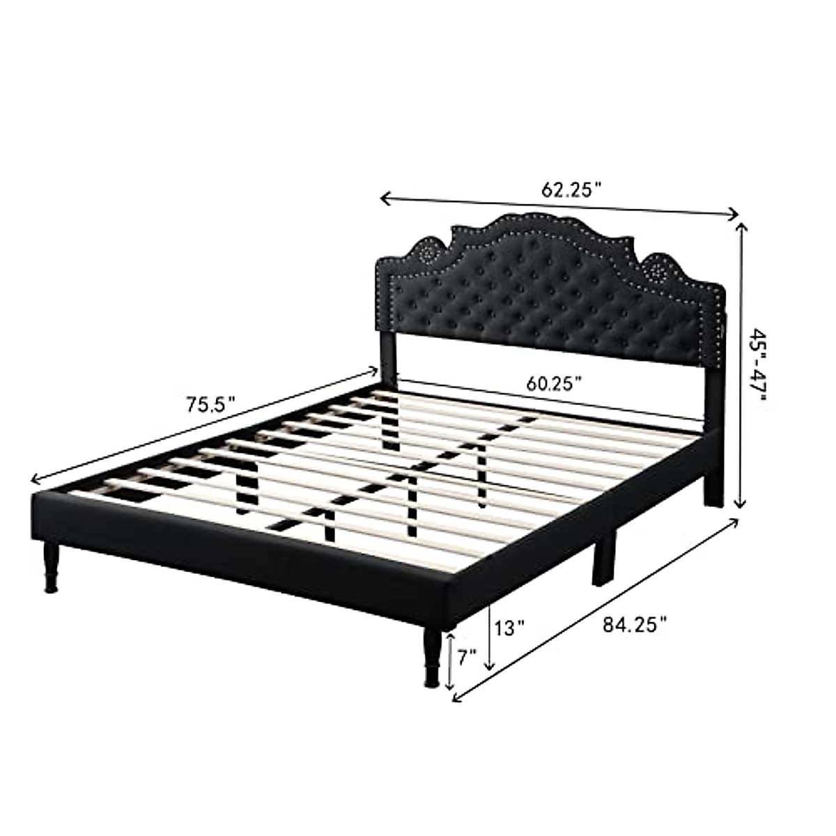 Queen Upholstered Platform Bed Frame with 47" Tall Adjustable Headboard - Button Tufted Linen Bed - Wood Slat Support with Storage Space - No Box Spring Needed - Black - Oliver & Smith - Elizabeth