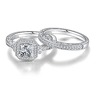 Yaresul 0.8ct Princess Cut Engagement Ring Sets 6X6mm White AAA Solitaire Cubic Zirconia Engagement Ring Set 925 Sterling Silver Wedding Ring Set for Women Size 6.5