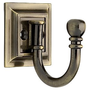 Single Prong Architectural Design Hook, Antique Brass, Packaging May Vary