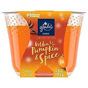 Glade Candle Golden Pumpkin & Spice, Fragrance Candle Infused with Essential Oils, Air Freshener Candle, 3-Wick Candle, 6.8 Oz