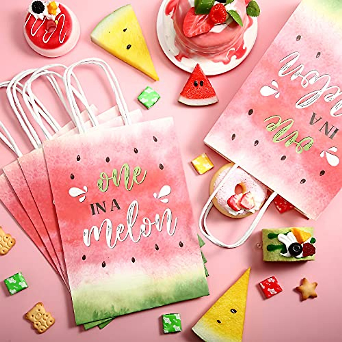 16 Pieces Watermelon Party Bags with Paper Twist Handles, Watercolor One in Melon Candy Goodie Bags Treat Bags Present Bag for Summer Watermelon Birthday Baby Shower, 6.3 x 3.1 x 8.7 Inches