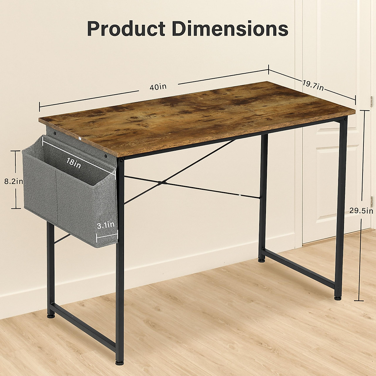 Simple Deluxe Computer Office Desk Modern Simple Style PC Table with Storage Bag, for Home Work Study and Writing, 47 Inch, Brown