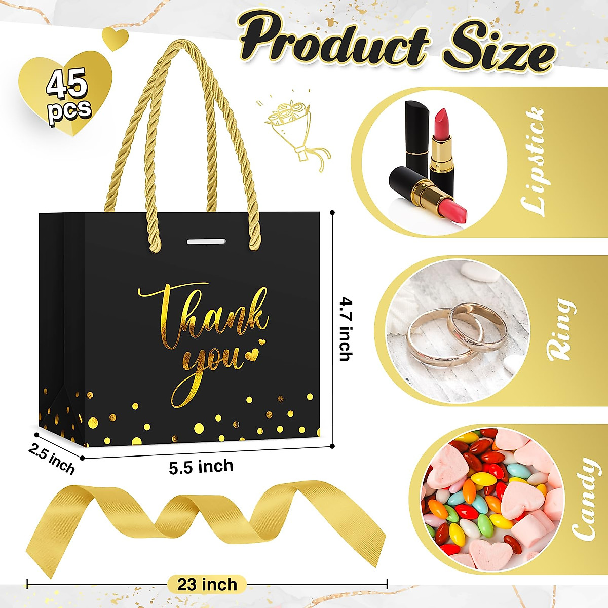 Jetec 45 Pcs Mini Paper Gift Bag Bulk 5.5x4.7x2.5'' Thank You Gift Bag with Handle Small Favor Bag with Bow Ribbon for Christmas Wedding Baby Bridal Shower Birthday Party(Black/gold)