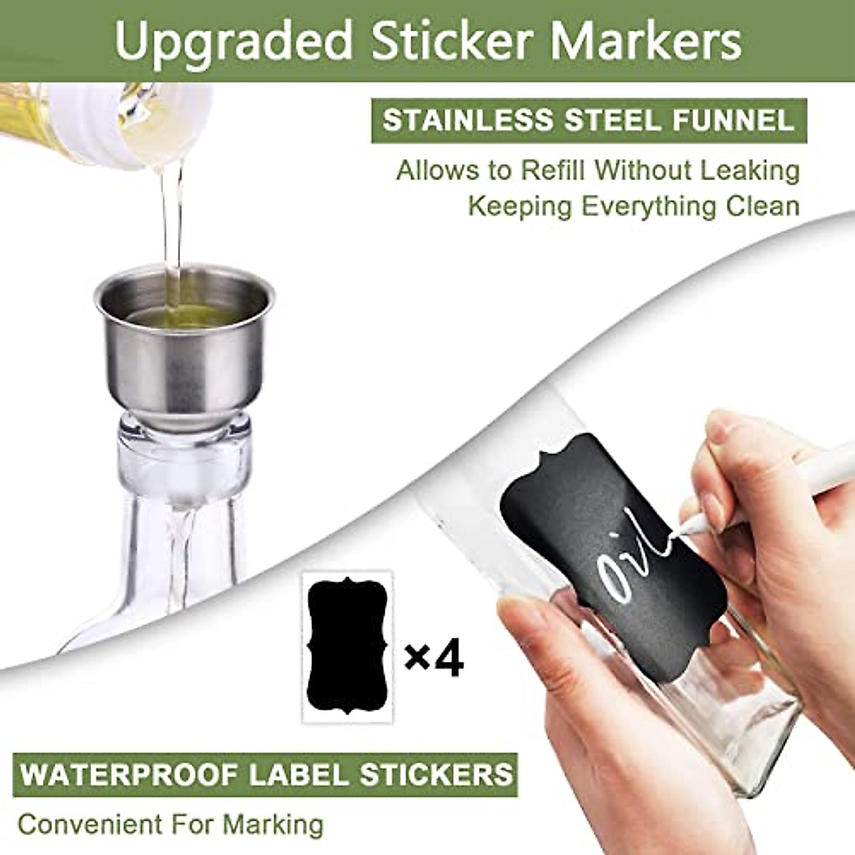 Leaflai Olive Oil Dispenser Bottle, 2 Pcs Glass Olive Oil Dispenser and Vinegar Dispenser Set with 4 Labels,1 Brush and 1 Funnel Oil Bottles for Kitchen (500ml)