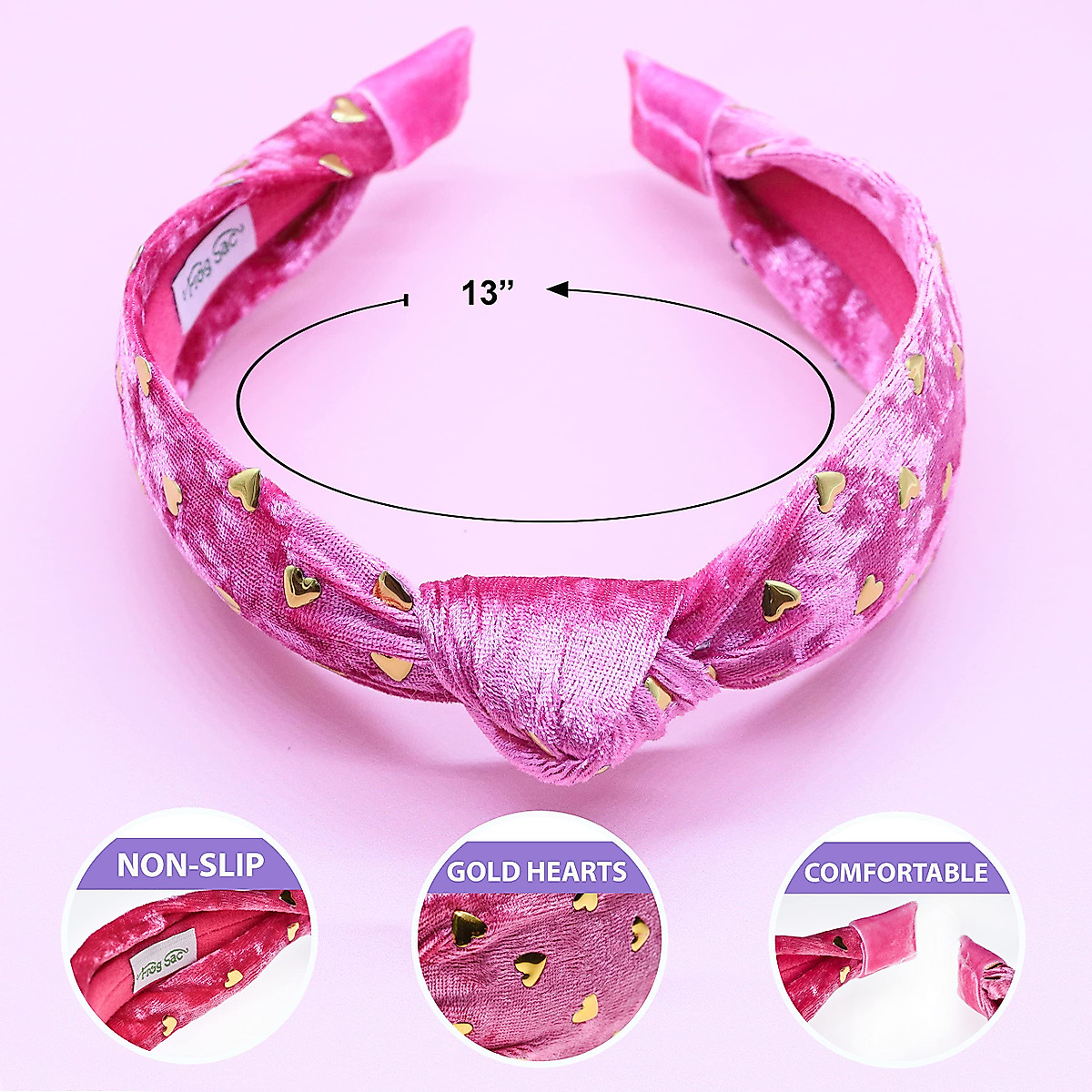 FROG SAC Pink Heart Headband for Girls, Studded Knotted Headbands for Kids, Cute Stud Knot Head Bands, Little Girl Velvet Hair Accessories, Fashion Hair Bands for Children