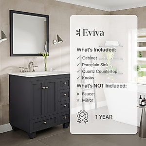 Eviva Acclaim 30 x 22 Inch Bathroom Sink Vanity Dark Grey Single Sink w/Carrara Quartz Top Modern Bathroom Vanity and Sink for Contemporary - Small Bathroom Sink Cabinet w/Soft Closing Drawers