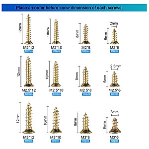 HanTof 1200Pcs Tiny Phillips Flat Head Self Tapping Screws for Wood, Plastic and Soft Metal. M2 M2.5 M3 Small Countersunk Tapper Screws Set for DIY Micro Woodworking Furniture Box. Golden,Carbon Steel