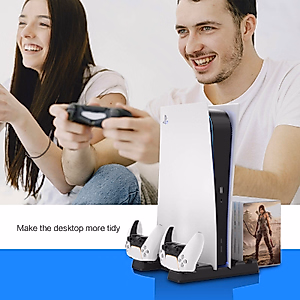 ECHZOVE PS5 Stand with Controller Charger and Cooling Fan, PS5 Digital/Disc Version Stand, PS5 Controller Charger with USB C Cable, PS5 Cooling Stand - White
