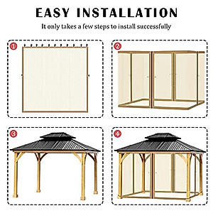 Aoodor Universal 10' x 12' Gazebo Netting Screen Replacement 4-Panel Sidewalls for Patio (Only Netting)