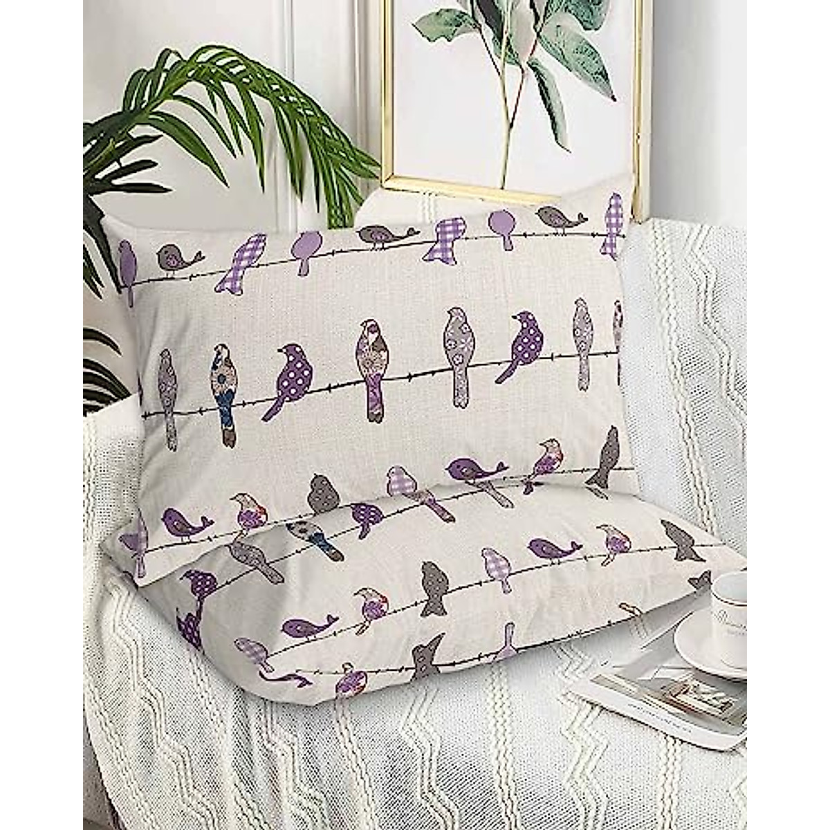 Edwiinsa Purple Grey Plaid Pillow Covers Standard Size Set of 2 20x26 Bed Pillow, Farmhouse Burlap Spring Floral Birds Plush Soft Comfort for Hair/Skin Cooling Pillowcases with Envelop Closure