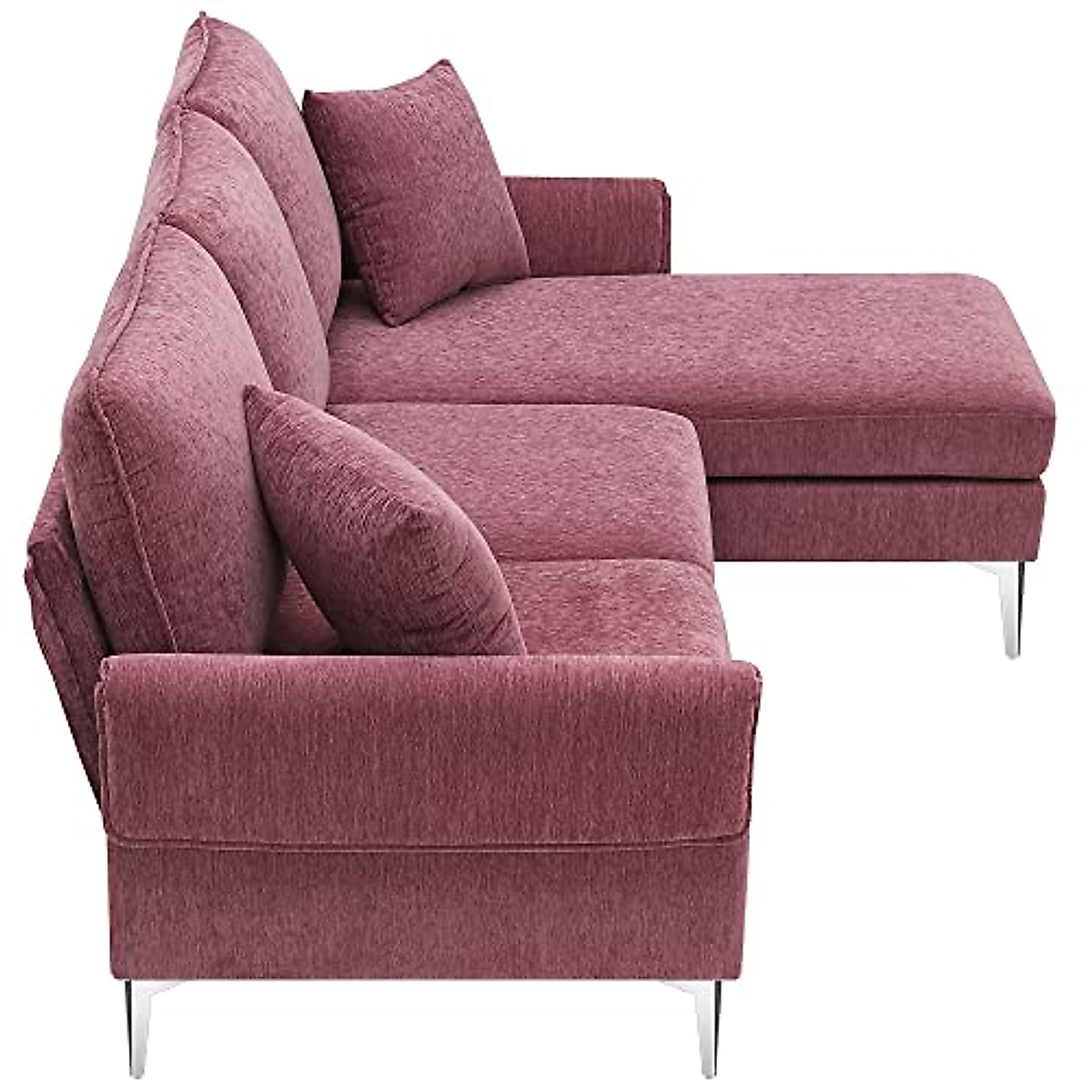 Polibi 84" L-Shaped Convertible Sectional Sofa, Modern Chenille 3-Seat Sofa Couch with Reversible Chaise Lounge, 2 Pillows and Metal Legs for Living Room, Pink