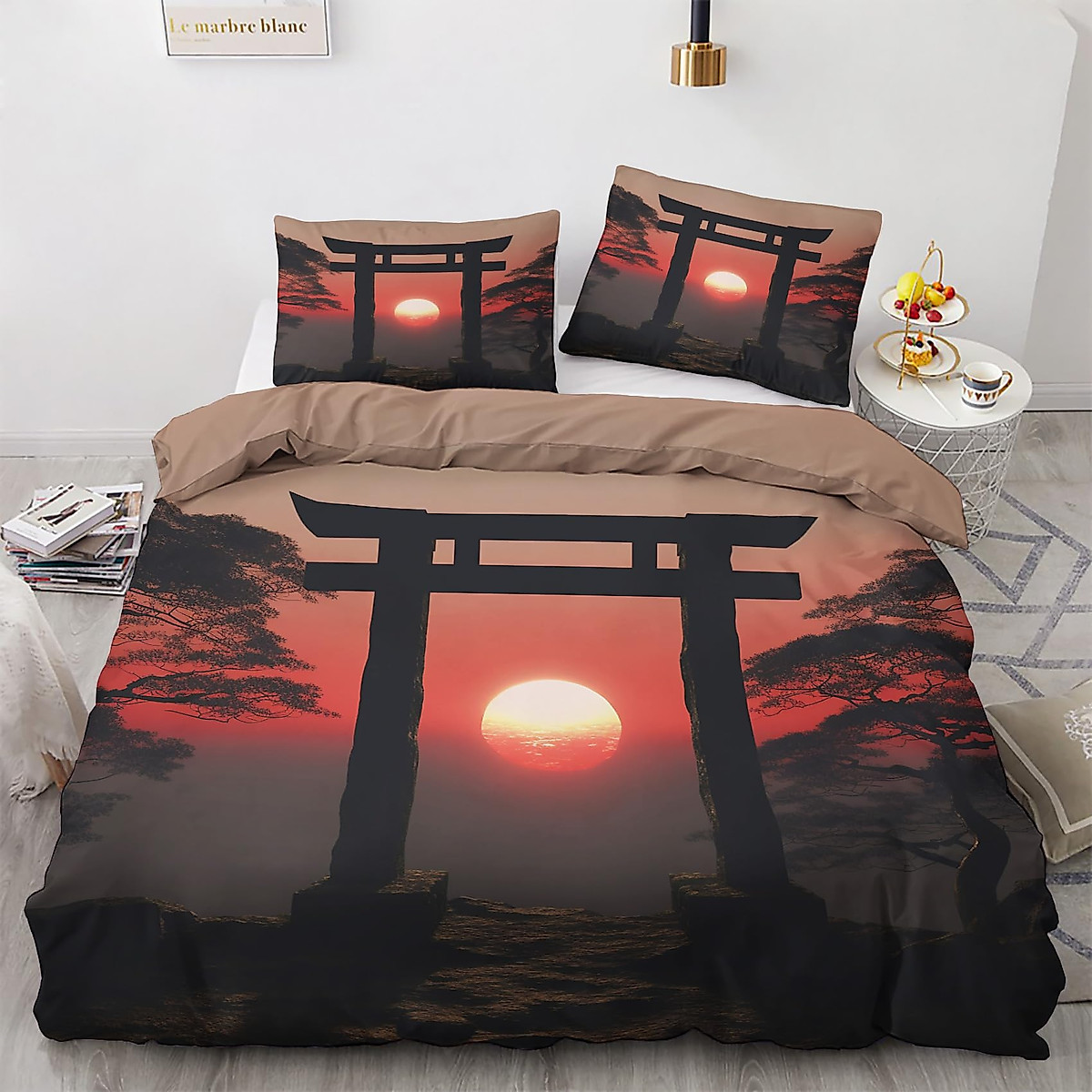 zcwl Japanese Duvet Cover Cal King Size | Japan Torii Gate Bedding Set | 3 Piece | Soft Microfiber Patterned Comforter Cover with Zipper Ties & 2 Pillowcases | Japanese Bedroom Decor