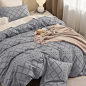 Bedsure Boho Duvet Cover Queen Size - Boho Bedding, Tufted Queen Duvet Cover for All Seasons, 3 Pieces Embroidery Shabby Chic Home Bedding,Comforter Not Included (Grey, 90" x 90")