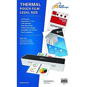 Royal Sovereign Thermal Laminating Pouches, 3 Mil, Legal Size 14.25" x 8.75 x 0.7" Inches, Clear Gloss, 100 Pouches (RF03LEGL0100), for Kids-modelUY252