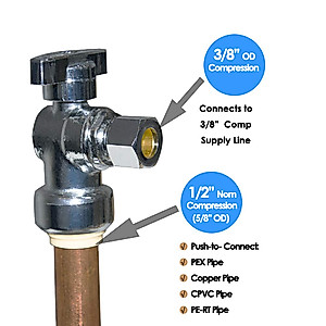 HQMPC Push Fit Angle Stop Valve 1/2" Push-fit x 3/8" OD Compression No Pb Brass Angle Stop Valve Shut Off Valve Angel Stop Valve Compression And Pex Connect (2 Pack)