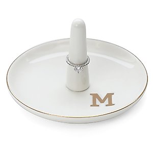 HOME SMILE Initials Ring Holder Jewery Tray with personalized M-Monogrammed Engagement Gifts for Friends,Birthday Mother's Day Christmas Gifts for Women,Ceramic White
