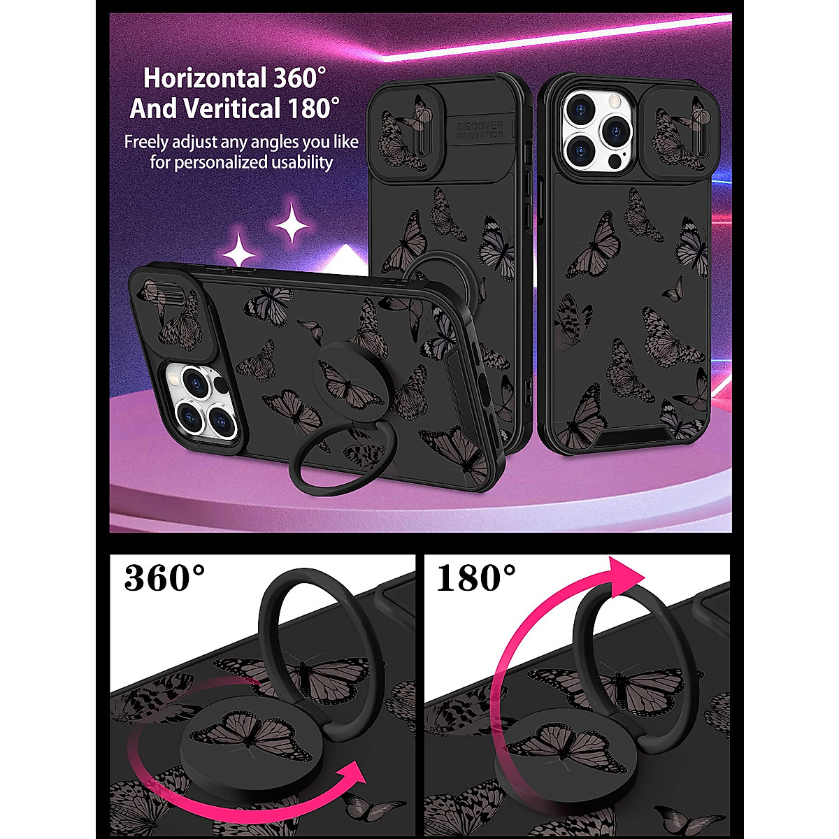 Goocrux (2in1 for iPhone 13 Pro Max Case for Women Butterfly Girls Girly Phone Cover Cute Black Butterflies Unique Design with Slide Camera Cover+Ring Holder Fashion Cases for Apple 13 Pro Max 6.7''