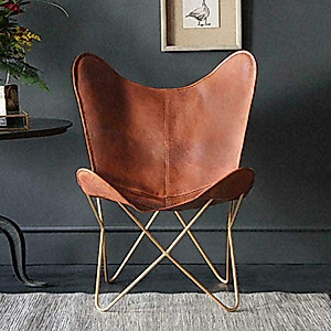 Shy Shy Let’s Touch The Sky Leather Living Room Chairs-Butterfly Chair Brown Leather Butterfly Chair-Handmade with Powder Coated Folding Iron Frame (Cover with Folding Frame) (Golden Frame)