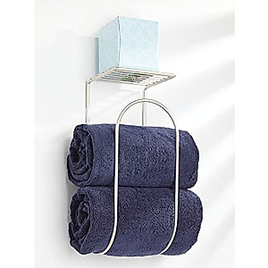 mDesign Modern Metal Wire Wall Mount Towel Rack Holder and Organizer with Storage Shelf - for Bathroom Towels, Washcloths, Hand Towels - Decorative Curved Design - Satin