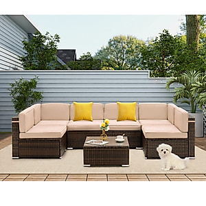 UDPATIO Outdoor Patio Furniture Sets 7 Pieces Outdoor Sectional Furniture, PE Rattan Sofa Wicker Patio Conversation Set with Cover for Deck Balcony Yard Poolside w/Coffee Table Thicken Cushions, Khaki