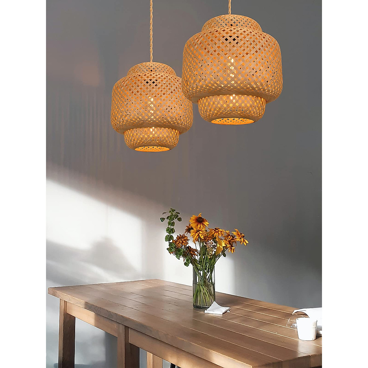 YIIZON Plug in Pendant Light Hanging Lamp with Handmade Bamboo Lampshade Dimmer Switch Boho Modern Rustic Country Natural Basket Hanging Light with Plug in Cord