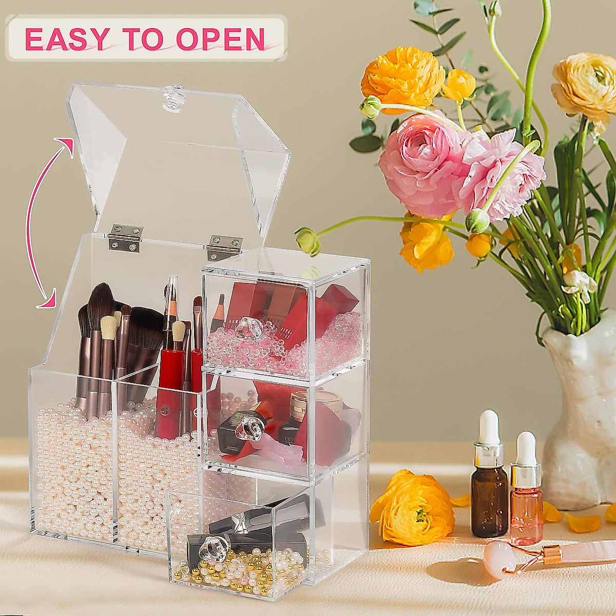 weddingwish Makeup Brush Holder with 3 drawers, Acrylic Makeup Organizer, Covered Costmetic Storage Box with Pink Beads,Heavy-Duty Acrylic, Bathroom Cosmetics Storage System…