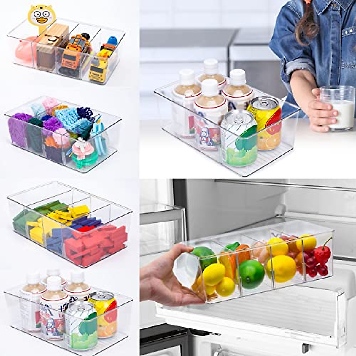 HANSGO Food Storage Organizer Bins, 2PCS Stackable Clear Plastic Organizer Bins with 6 Dividers Removable Pantry Organization and Storage Bins for Cereal Snacks Tea Seasoning