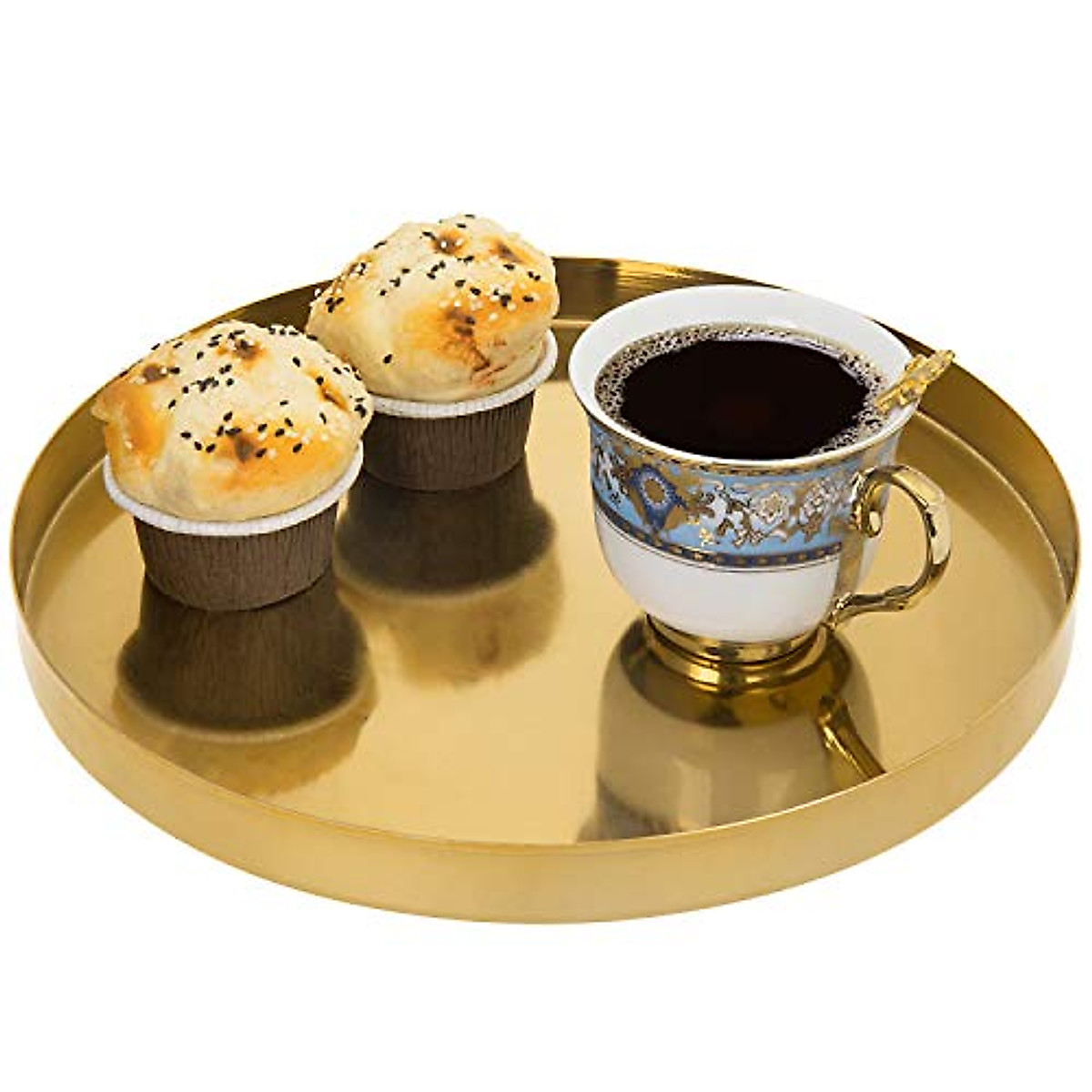 MyGift Brushed Brass Metal Decorative Tray, 11 inch Round Serving Tray - Handcrafted in India