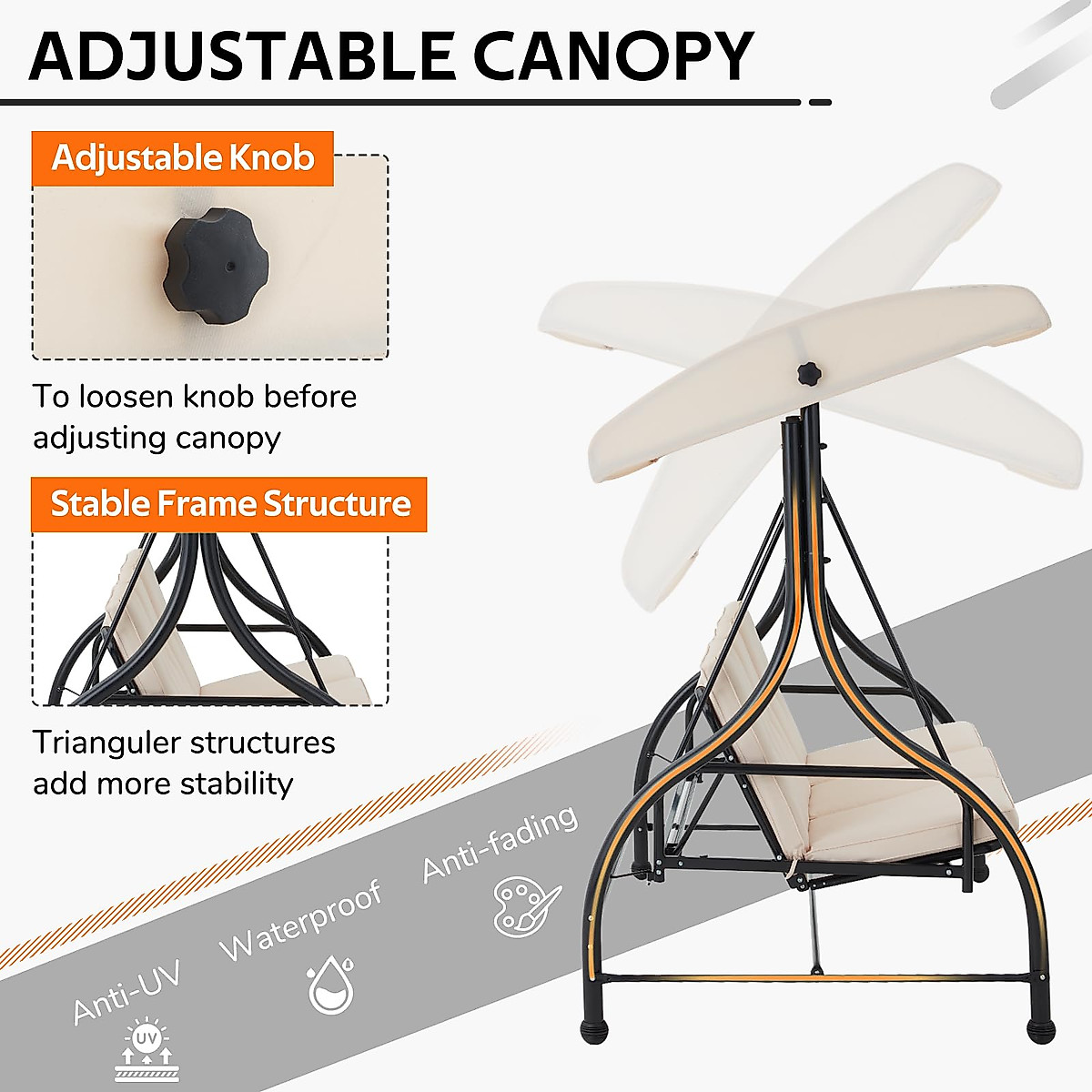 U-MAX Outdoor Proch Swing Chair with Adjustable Backrest&Canopy, Patio Swing Set 2-in-1 Convertible Outdoor Swing Patio Canopy Swing Daybed with Removable Beige Cushions for Adults