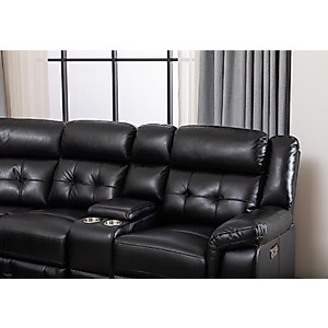 Kingway Faux Leather Recliner Couch Console Table Storage Sectional Sofa with Cup Holders LED Light for Home Theater Office Big House