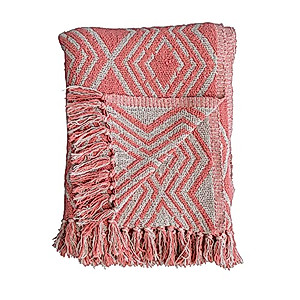 Creative Co-Op Recycled Cotton Blend Geometric Design and Fringe, Multicolor Throw Blanket, Pink