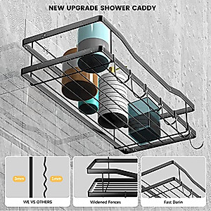 PUKOKAL Shower Caddy 4 Pack Shelf with Hooks Storage Rack Organizer, Stainless Steel Adhesive Caddy Shelves No Drilling with Toothbrush Holder Holder Soap for Bathroom, Restroom, Kitchen (Matte Black)