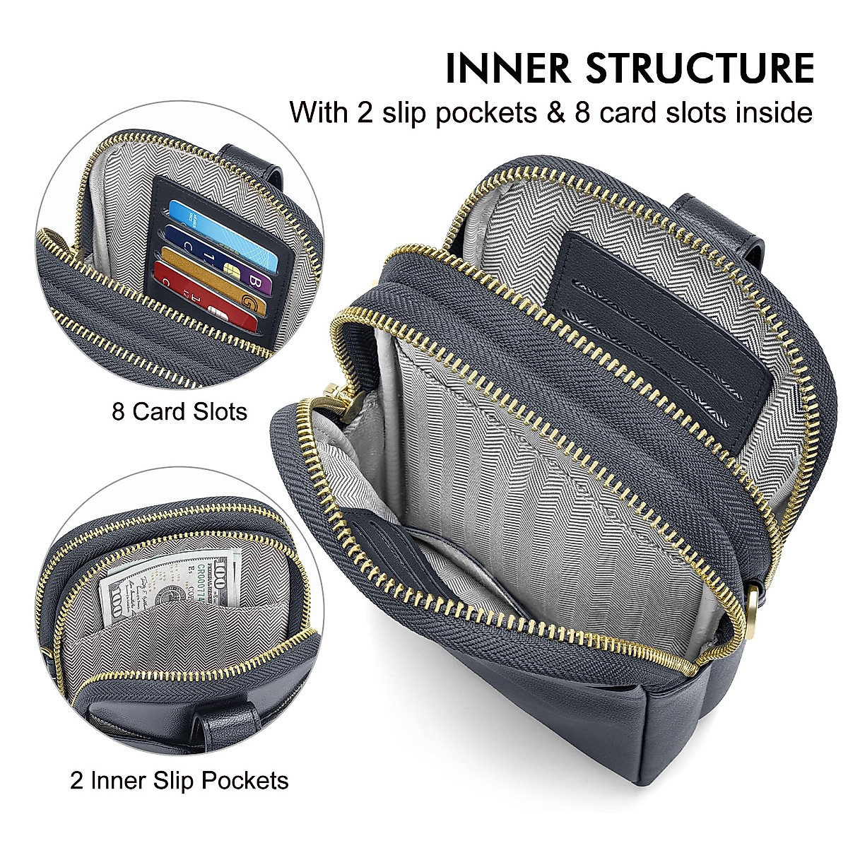 Peacocktion Crossbody Cell Phone Bag for Women, Small Leather Shoulder Handbag Purse with Credit Card Slots, Dark Grey