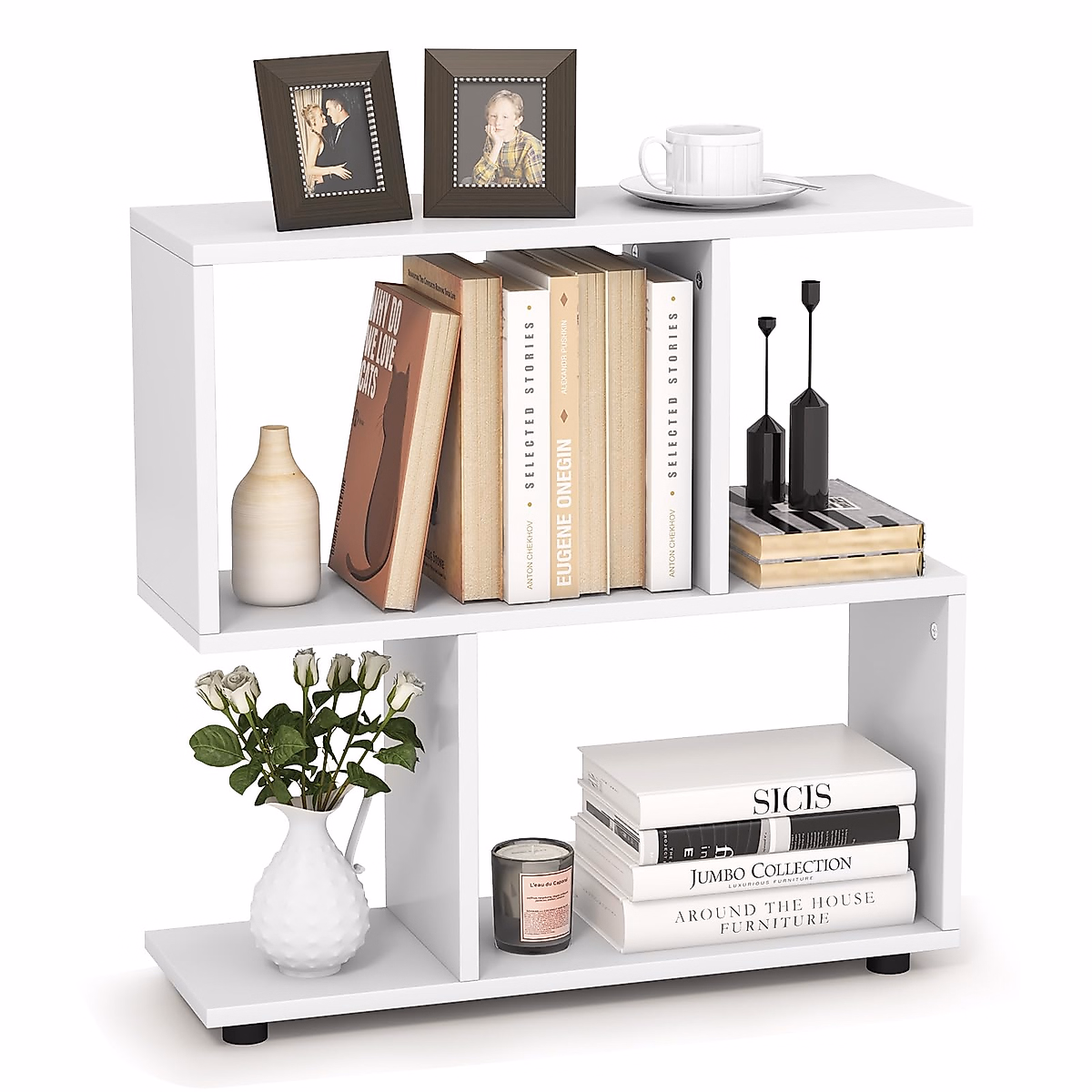 Tangkula 2 Tier Geometric Bookshelf, Freestanding Wood Display Shelf, Home Office Decor Room Divider S Shaped Open Bookcase, Small Bookshelf for Small Spaces, Living Room, Study (White, 1)